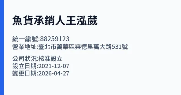 魚貨承銷人王泓葳的照片-統編 88259123(臺北市) 公司登記資料與營業項目詳細圖表