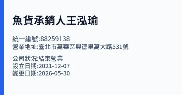 魚貨承銷人王泓瑜的照片-統編 88259138(臺北市) 公司登記資料與營業項目詳細圖表