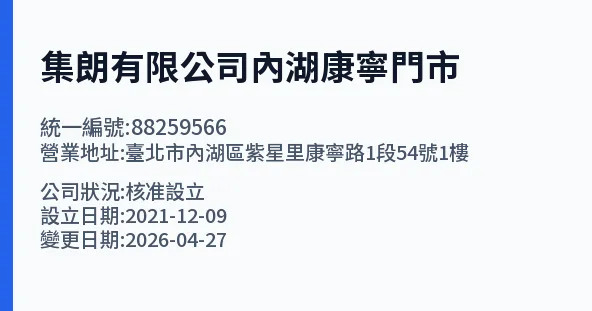集朗有限公司內湖康寧門市的照片-統編 88259566(臺北市) 公司登記資料與營業項目詳細圖表