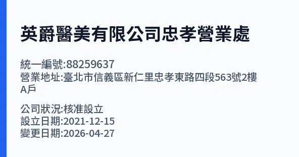英爵醫美有限公司忠孝營業處的照片-統編 88259637(臺北市) 公司登記資料與營業項目詳細圖表