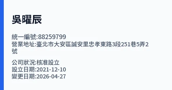吳曜辰的照片-統編 88259799(臺北市) 公司登記資料與營業項目詳細圖表