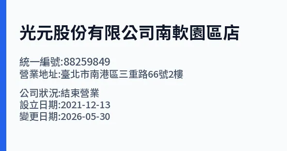 光元股份有限公司南軟園區店的照片-統編 88259849(臺北市) 公司登記資料與營業項目詳細圖表