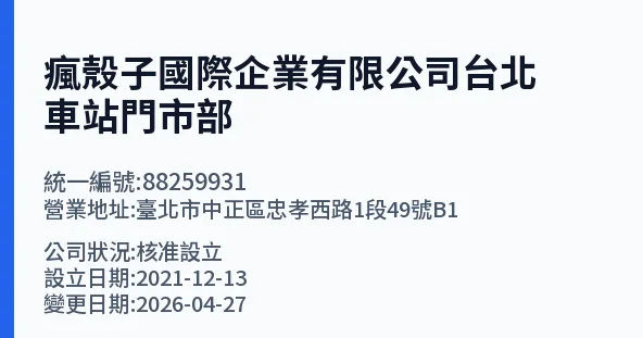 瘋殼子國際企業有限公司台北車站門市部的照片-統編 88259931(臺北市) 公司登記資料與營業項目詳細圖表