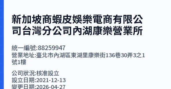 新加坡商蝦皮娛樂電商有限公司台灣分公司內湖康樂營業所的照片-統編 88259947(臺北市) 公司登記資料與營業項目詳細圖表