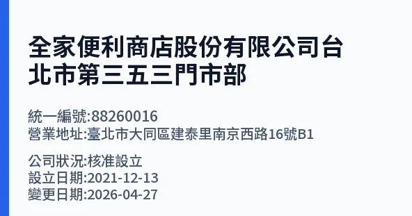全家便利商店股份有限公司台北市第三五三門市部的照片-統編 88260016(臺北市) 公司登記資料與營業項目詳細圖表