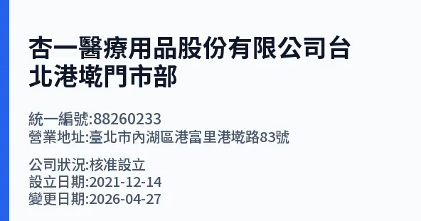 杏一醫療用品股份有限公司台北港墘門市部的照片-統編 88260233(臺北市) 公司登記資料與營業項目詳細圖表