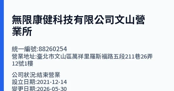 無限康健科技有限公司文山營業所的照片-統編 88260254(臺北市) 公司登記資料與營業項目詳細圖表