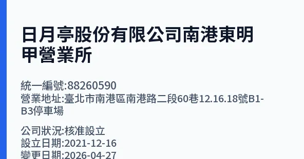 日月亭股份有限公司南港東明甲營業所的照片-統編 88260590(臺北市) 公司登記資料與營業項目詳細圖表