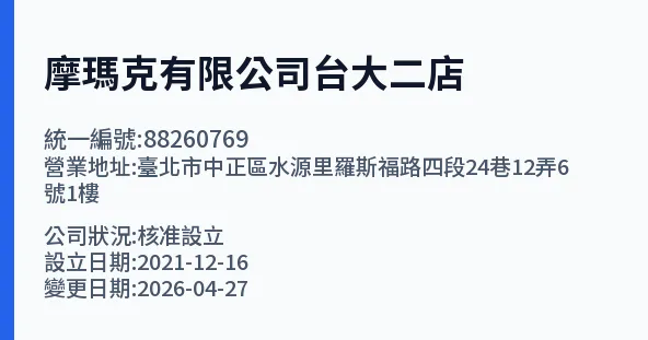摩瑪克有限公司台大二店的照片-統編 88260769(臺北市) 公司登記資料與營業項目詳細圖表