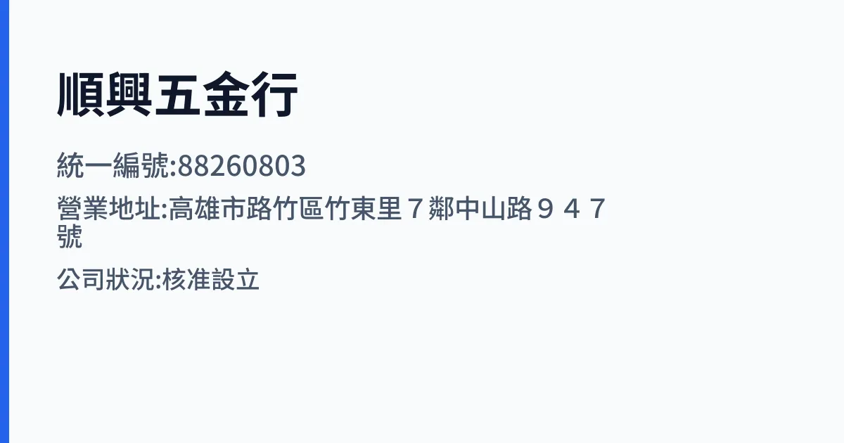 順興五金行 - 統編 88260803(高雄市) 公司登記資料與營業項目詳細圖表