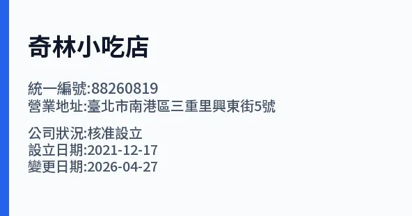 奇林小吃店的照片-統編 88260819(臺北市) 公司登記資料與營業項目詳細圖表