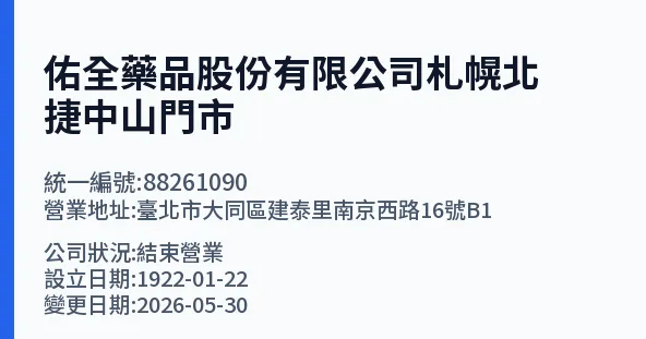 佑全藥品股份有限公司札幌北捷中山門市的照片-統編 88261090(臺北市) 公司登記資料與營業項目詳細圖表