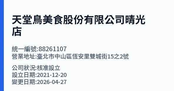 天堂鳥美食股份有限公司晴光店的照片-統編 88261107(臺北市) 公司登記資料與營業項目詳細圖表