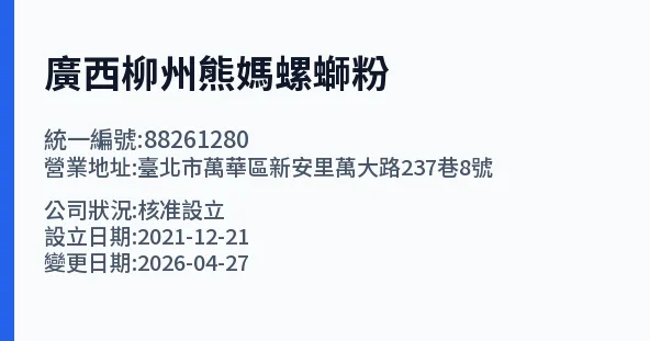 廣西柳州熊媽螺螄粉的照片-統編 88261280(臺北市) 公司登記資料與營業項目詳細圖表