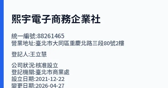 熙宇電子商務企業社的照片-統編 88261465(臺北市) 公司登記資料與營業項目詳細圖表