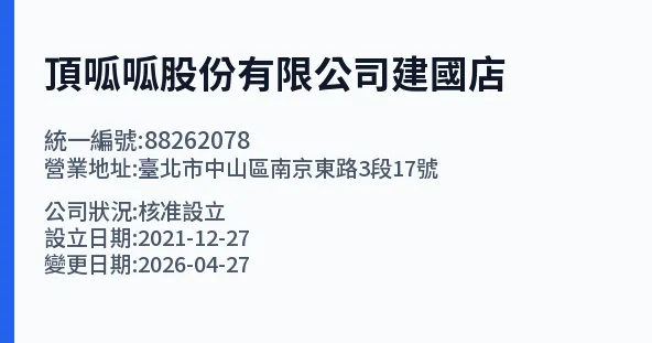 頂呱呱股份有限公司建國店的照片-統編 88262078(臺北市) 公司登記資料與營業項目詳細圖表