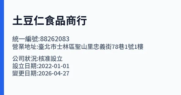 土豆仁食品商行的照片-統編 88262083(臺北市) 公司登記資料與營業項目詳細圖表