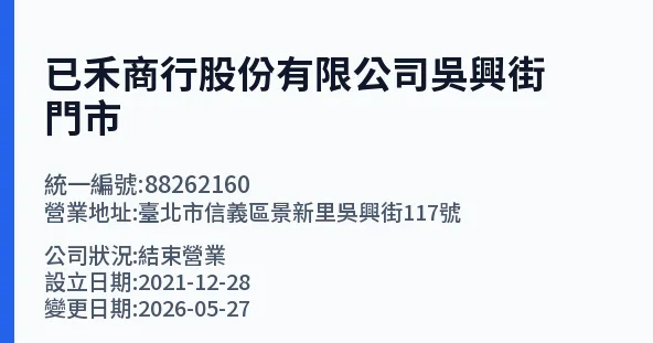 已禾商行股份有限公司吳興街門市的照片-統編 88262160(臺北市) 公司登記資料與營業項目詳細圖表