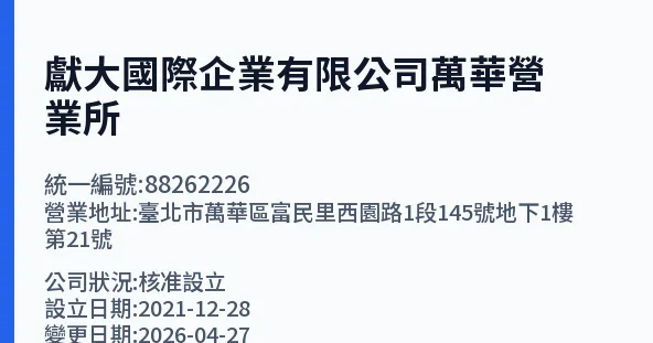 獻大國際企業有限公司萬華營業所的照片-統編 88262226(臺北市) 公司登記資料與營業項目詳細圖表