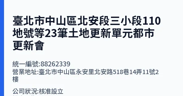 臺北市中山區北安段三小段110地號等23筆土地更新單元都市更新會的照片-統編 88262339(臺北市) 公司登記資料與營業項目詳細圖表