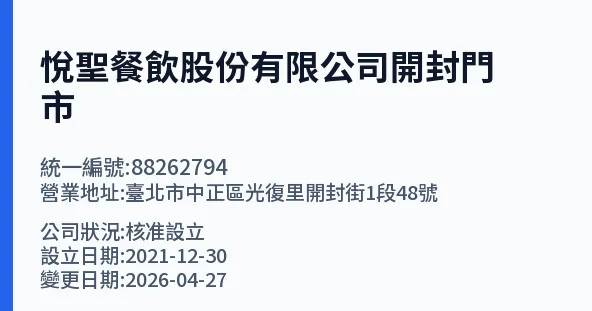 悅聖餐飲股份有限公司開封門市的照片-統編 88262794(臺北市) 公司登記資料與營業項目詳細圖表