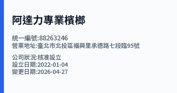 阿達力專業檳榔的照片-統編 88263246(臺北市) 公司登記資料與營業項目詳細圖表