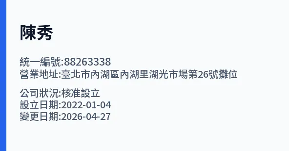 陳秀的照片-統編 88263338(臺北市) 公司登記資料與營業項目詳細圖表