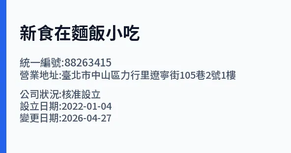 新食在麵飯小吃的照片-統編 88263415(臺北市) 公司登記資料與營業項目詳細圖表