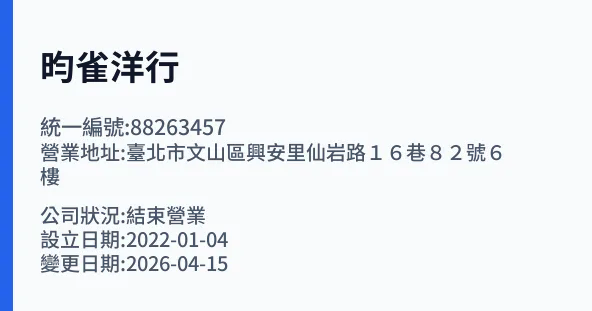 昀雀洋行的照片-統編 88263457(臺北市) 公司登記資料與營業項目詳細圖表