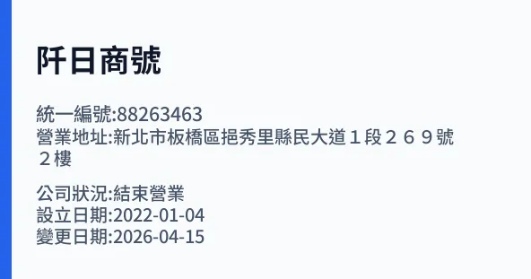 阡日商號的照片-統編 88263463(新北市) 公司登記資料與營業項目詳細圖表