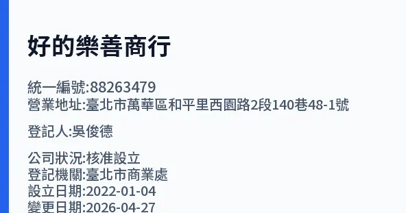 好的樂善商行的照片-統編 88263479(臺北市) 公司登記資料與營業項目詳細圖表