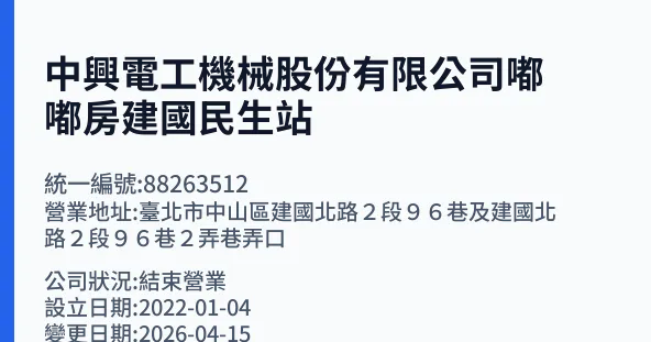 中興電工機械股份有限公司嘟嘟房建國民生站的照片-統編 88263512(臺北市) 公司登記資料與營業項目詳細圖表