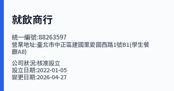 就飲商行的照片-統編 88263597(臺北市) 公司登記資料與營業項目詳細圖表