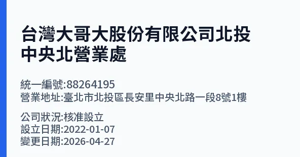 台灣大哥大股份有限公司北投中央北營業處的照片-統編 88264195(臺北市) 公司登記資料與營業項目詳細圖表