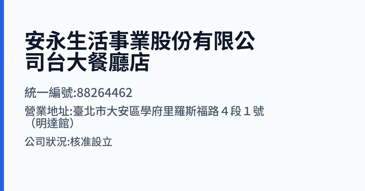 安永生活事業股份有限公司台大餐廳店 - 統編 88264462(臺北市) 公司登記資料與營業項目詳細圖表