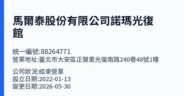 馬爾泰股份有限公司諾瑪光復館的照片-統編 88264771(臺北市) 公司登記資料與營業項目詳細圖表
