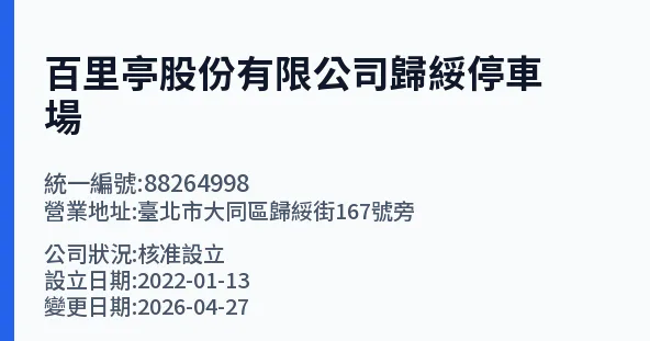 百里亭股份有限公司歸綏停車場的照片-統編 88264998(臺北市) 公司登記資料與營業項目詳細圖表