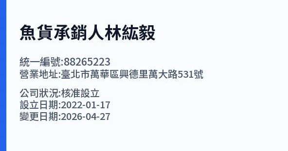 魚貨承銷人林紘毅的照片-統編 88265223(臺北市) 公司登記資料與營業項目詳細圖表