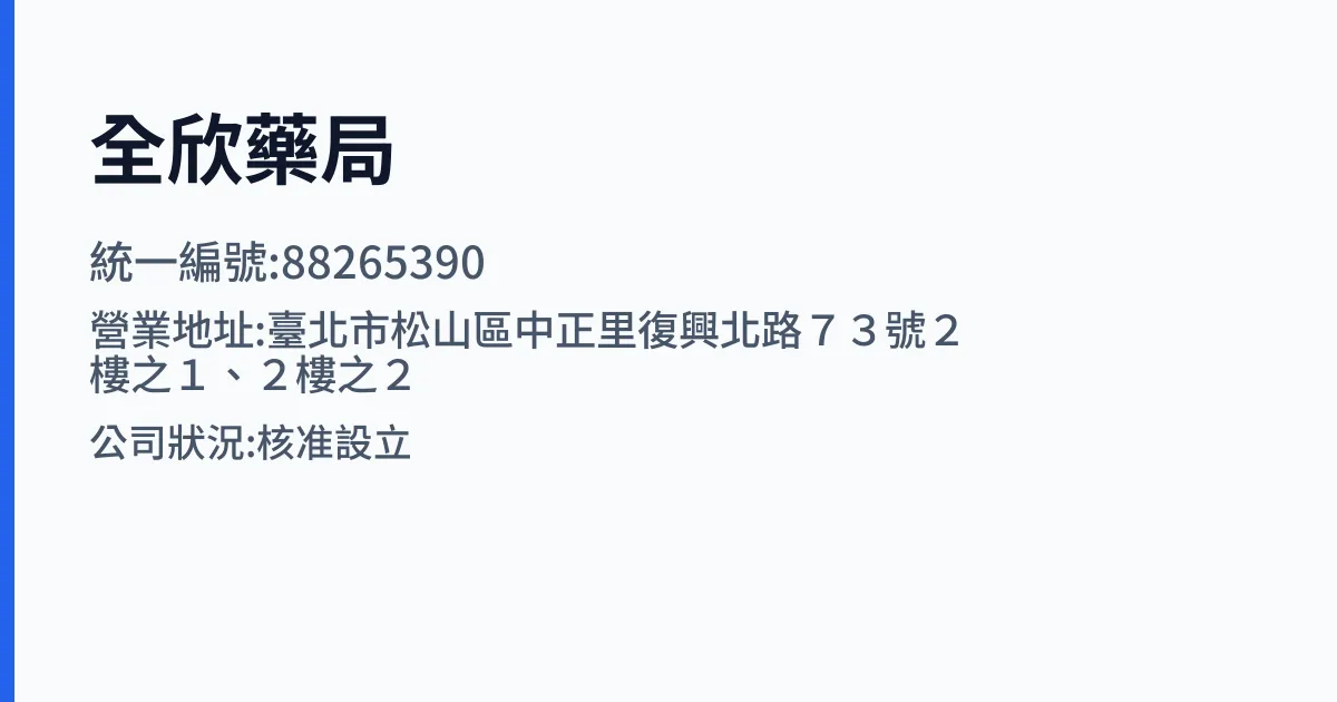 全欣藥局 - 統編 88265390(臺北市) 公司登記資料與營業項目詳細圖表
