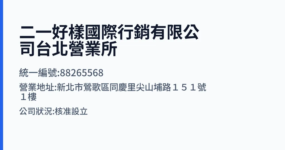 二一好樣國際行銷有限公司台北營業所 - 統編 88265568(新北市) 公司登記資料與營業項目詳細圖表