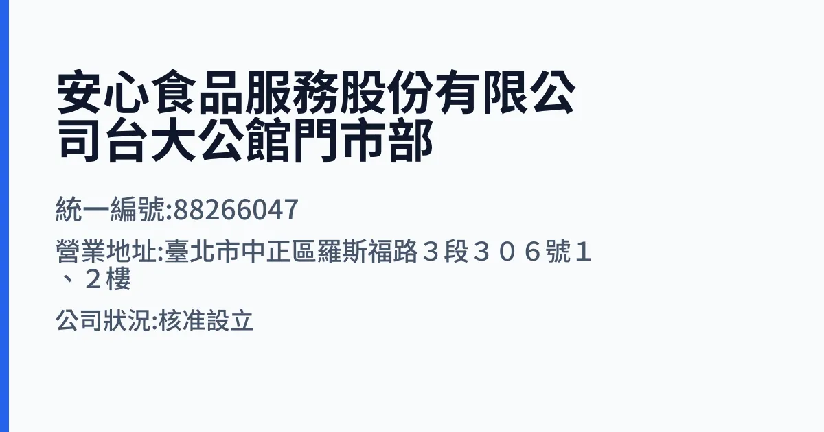 安心食品服務股份有限公司台大公館門市部 - 統編 88266047(臺北市) 公司登記資料與營業項目詳細圖表