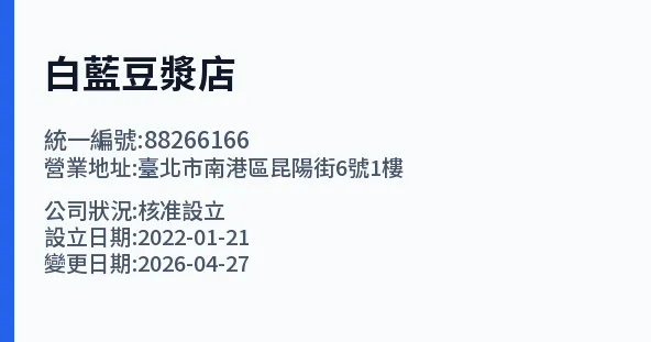 白藍豆漿店的照片-統編 88266166(臺北市) 公司登記資料與營業項目詳細圖表
