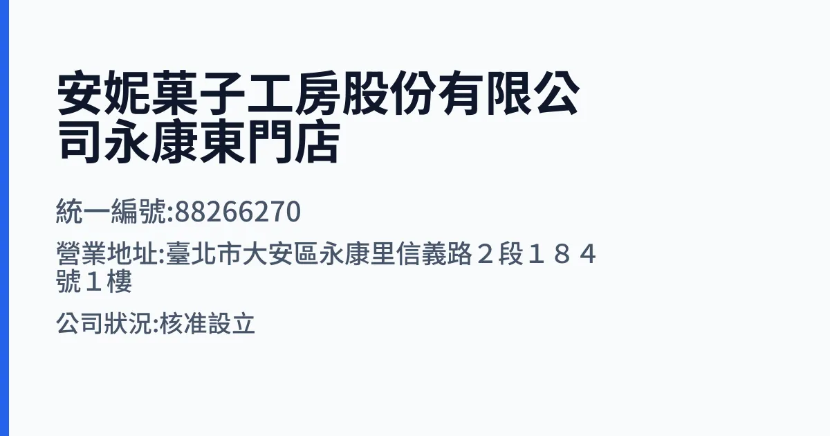 安妮菓子工房股份有限公司永康東門店 - 統編 88266270(臺北市) 公司登記資料與營業項目詳細圖表