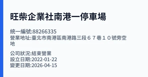 旺柴企業社南港一停車場的照片-統編 88266335(臺北市) 公司登記資料與營業項目詳細圖表