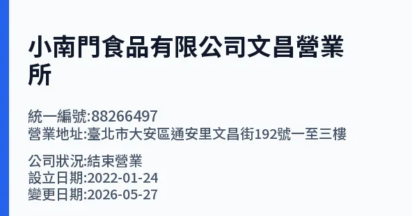 小南門食品有限公司文昌營業所的照片-統編 88266497(臺北市) 公司登記資料與營業項目詳細圖表