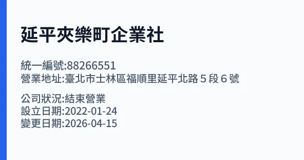 延平夾樂町企業社的照片-統編 88266551(臺北市) 公司登記資料與營業項目詳細圖表