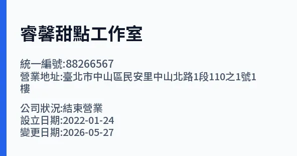睿馨甜點工作室的照片-統編 88266567(臺北市) 公司登記資料與營業項目詳細圖表