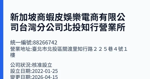新加坡商蝦皮娛樂電商有限公司台灣分公司北投知行營業所的照片-統編 88266742(臺北市) 公司登記資料與營業項目詳細圖表