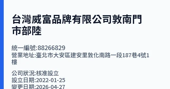 台灣威富品牌有限公司敦南門市部陸的照片-統編 88266829(臺北市) 公司登記資料與營業項目詳細圖表