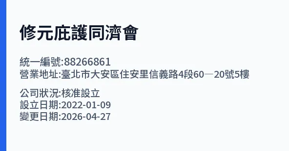 修元庇護同濟會的照片-統編 88266861(臺北市) 公司登記資料與營業項目詳細圖表